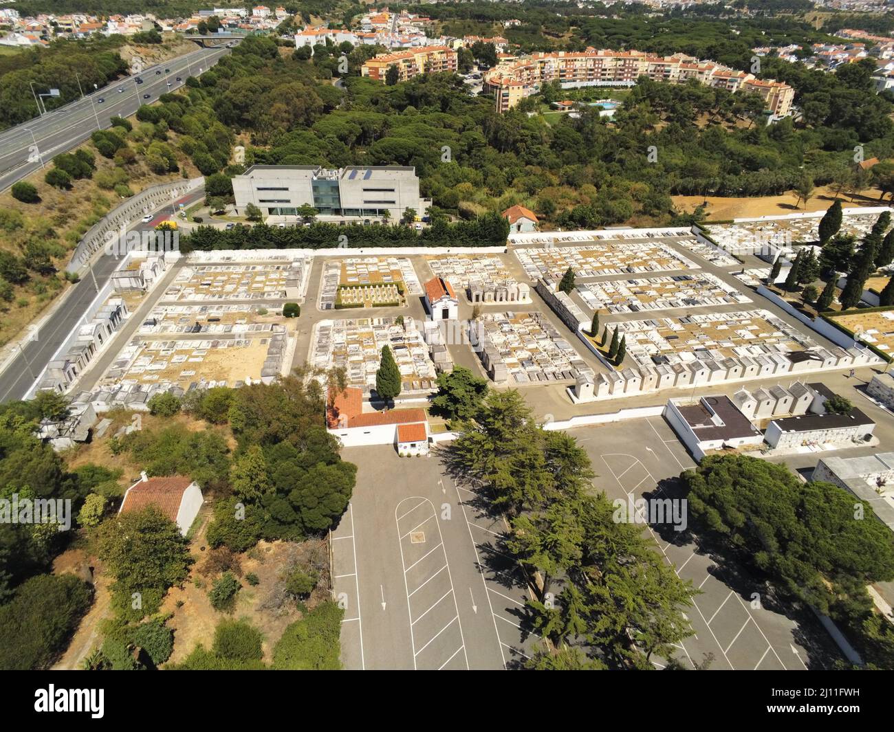 Aerial top view of a cemetery in Sao Joao do Estoril, Cascais, Portugal ...