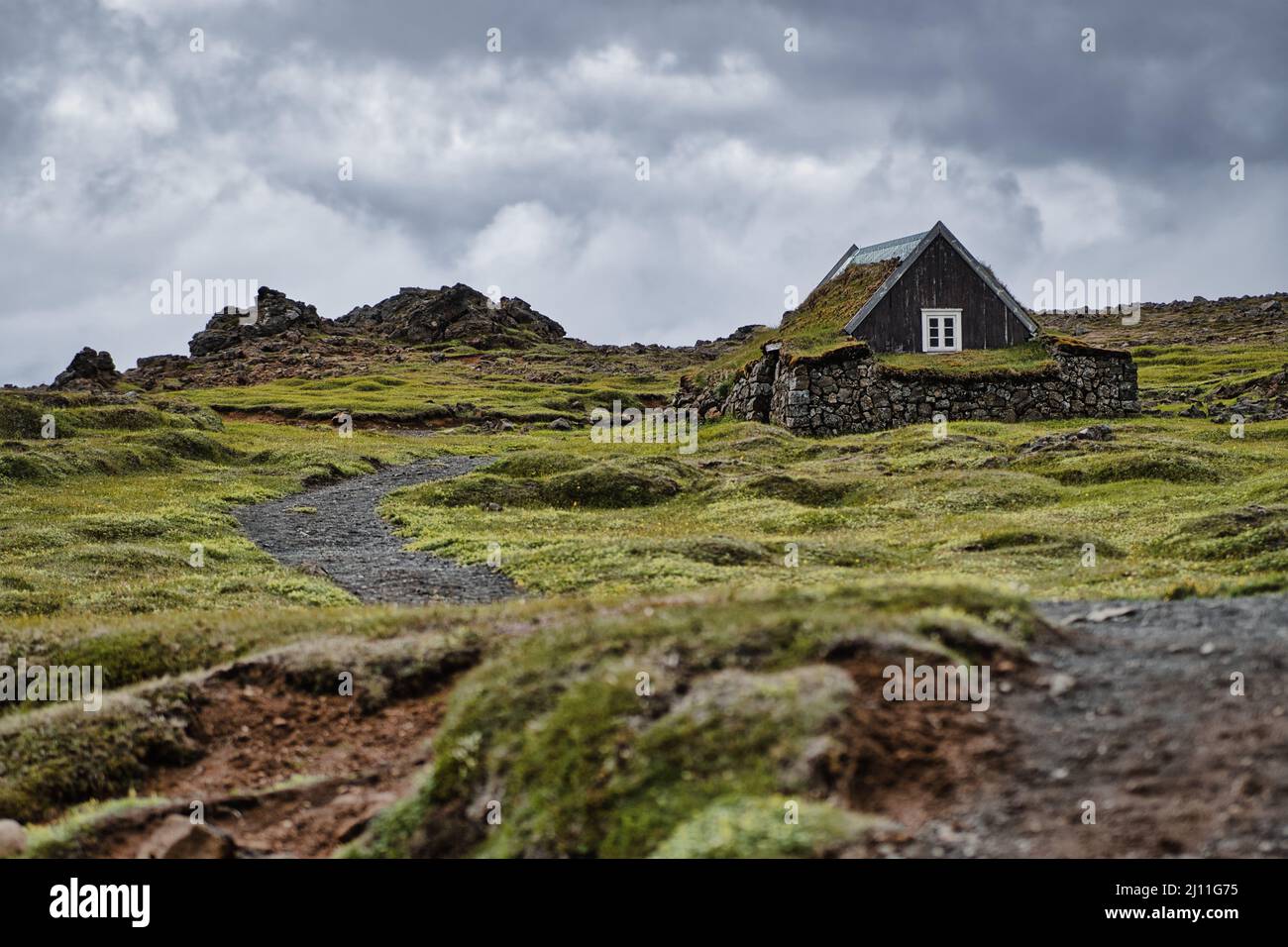 Icelandic traditional turf house at Hveravellir on the F-35 Kjölur in ...