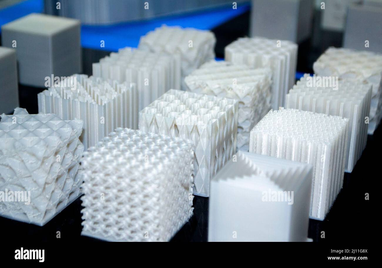 Objects printed on a 3d printer made of white plastic close-up Stock ...