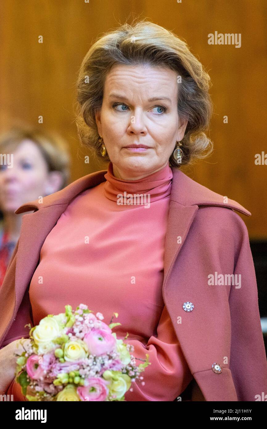 Queen Mathilde of Belgium during a visit to Queen Elisabeth Music Chapel in Waterloo, Belgium ...