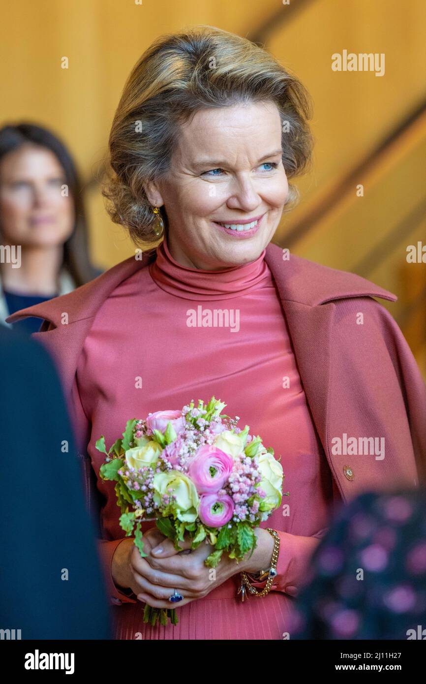 Queen Mathilde of Belgium during a visit to Queen Elisabeth Music Chapel in Waterloo, Belgium ...