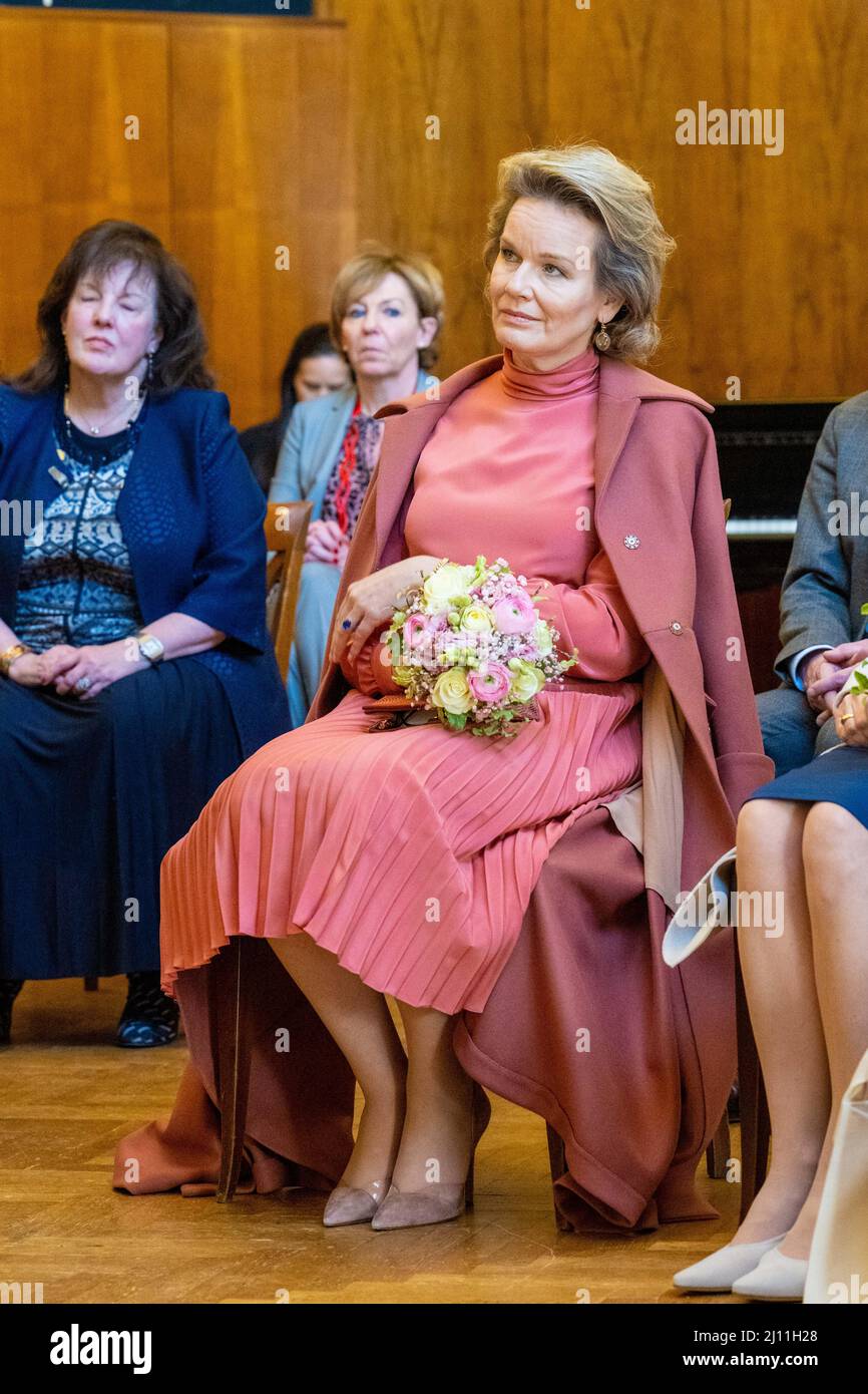 Queen Mathilde of Belgium during a visit to Queen Elisabeth Music Chapel in Waterloo, Belgium ...