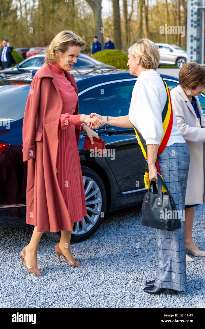 Queen Mathilde of Belgium during a visit to Queen Elisabeth Music Chapel in Waterloo, Belgium ...