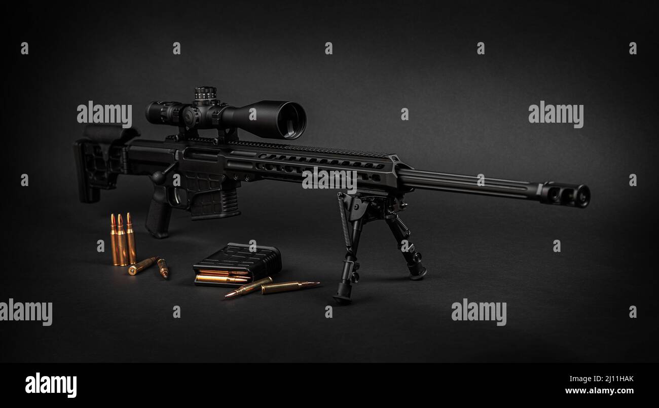 Modern powerful sniper rifle with a telescopic sight mounted on a bipod ...