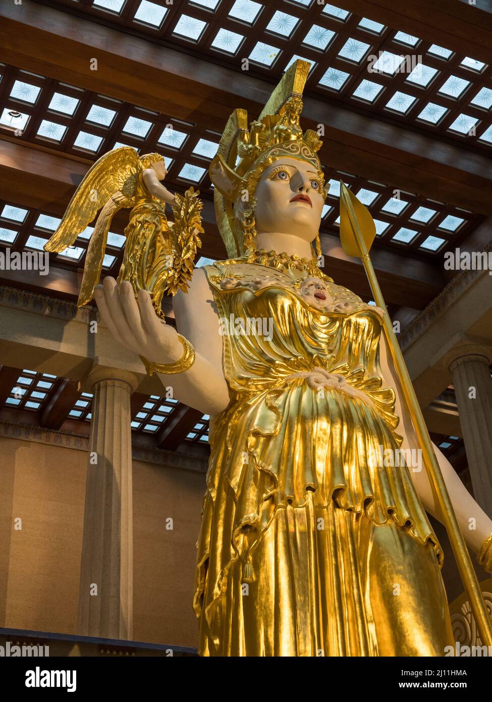 Nashville, Tennessee - 28 June 2021: 42ft statue to greek goddess Athena inside the Parthenon in ...