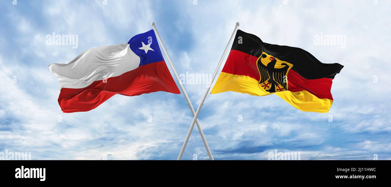 crossed national flags of Chile and Germany flag waving in wind at ...