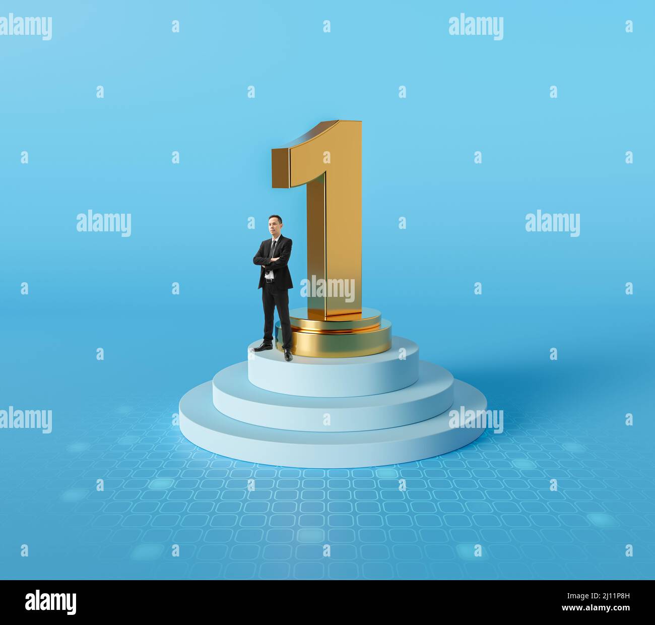 Businessman steps to success, number one gold trophy on top of stairway ...