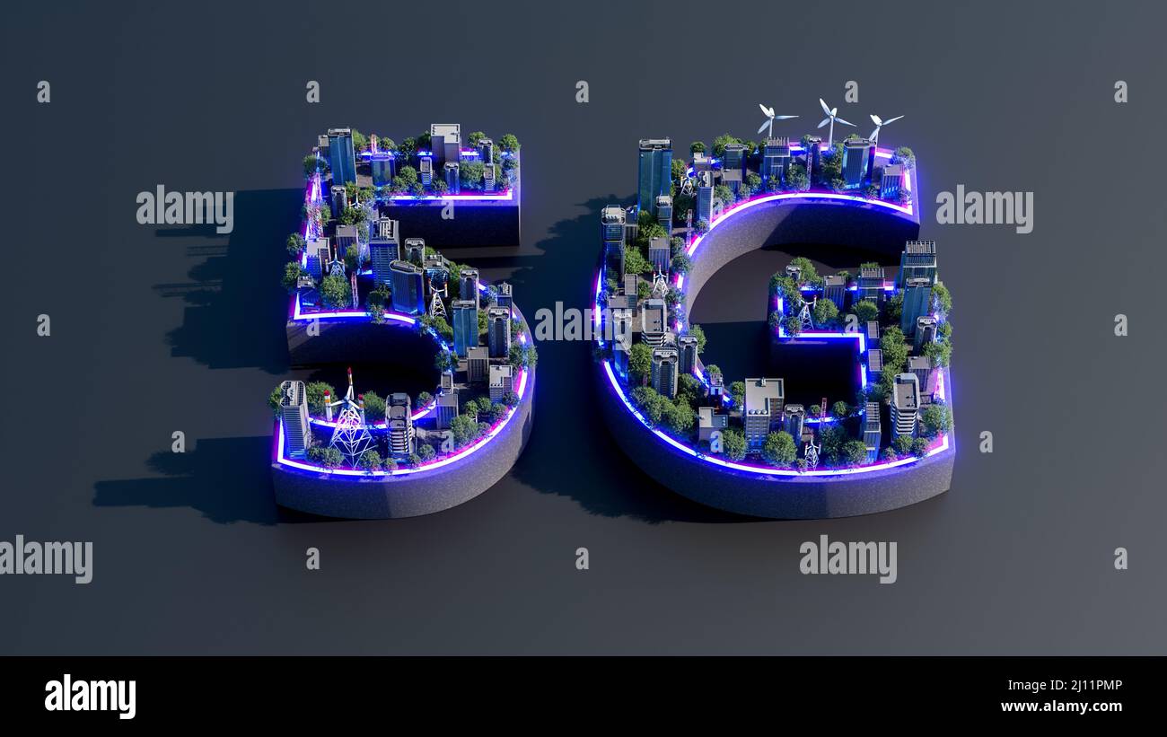 3D render of 5G with commercial building and green landscape in blue ...