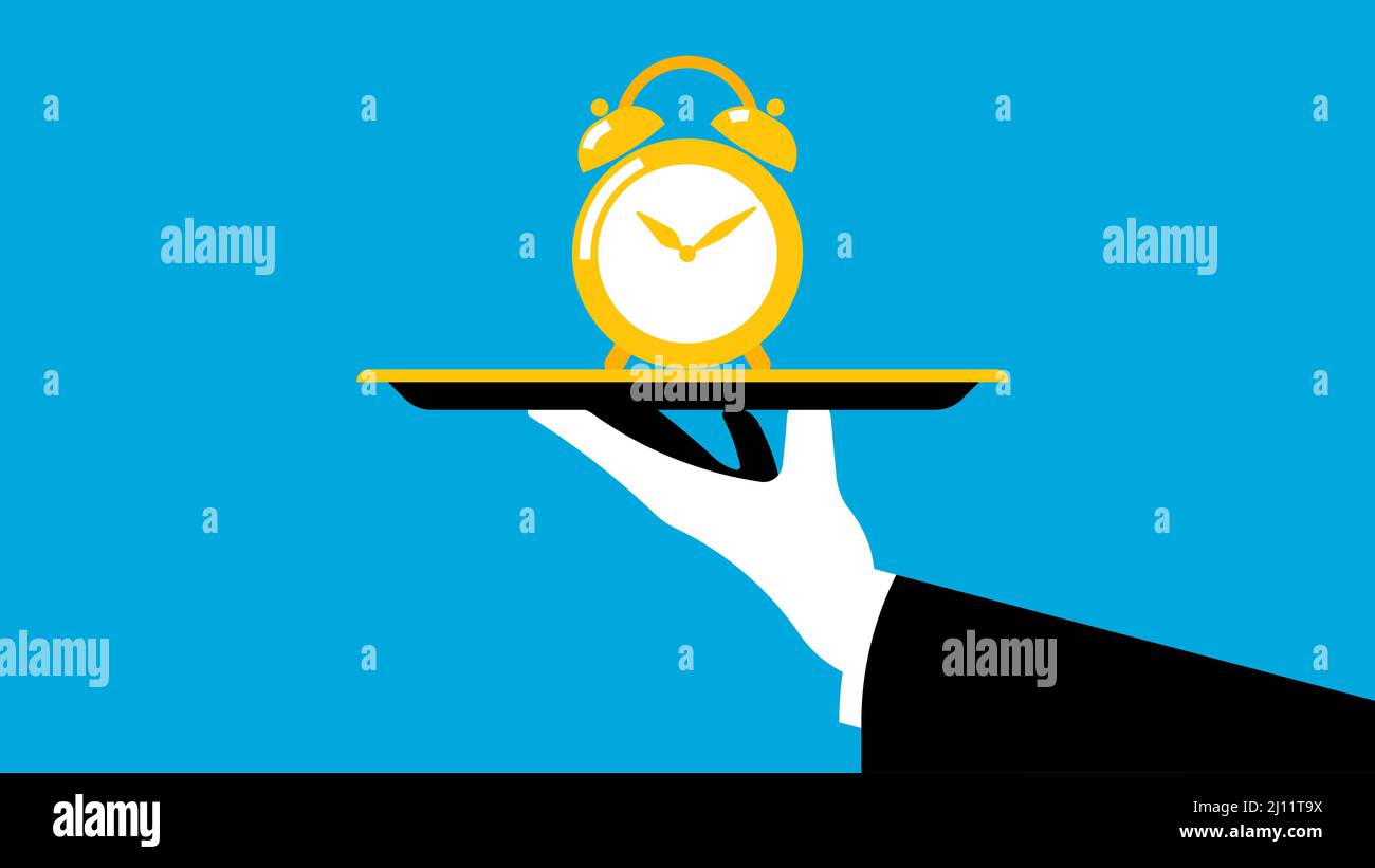 Time management concept. The waiter offers alarm clock on tray. The ...