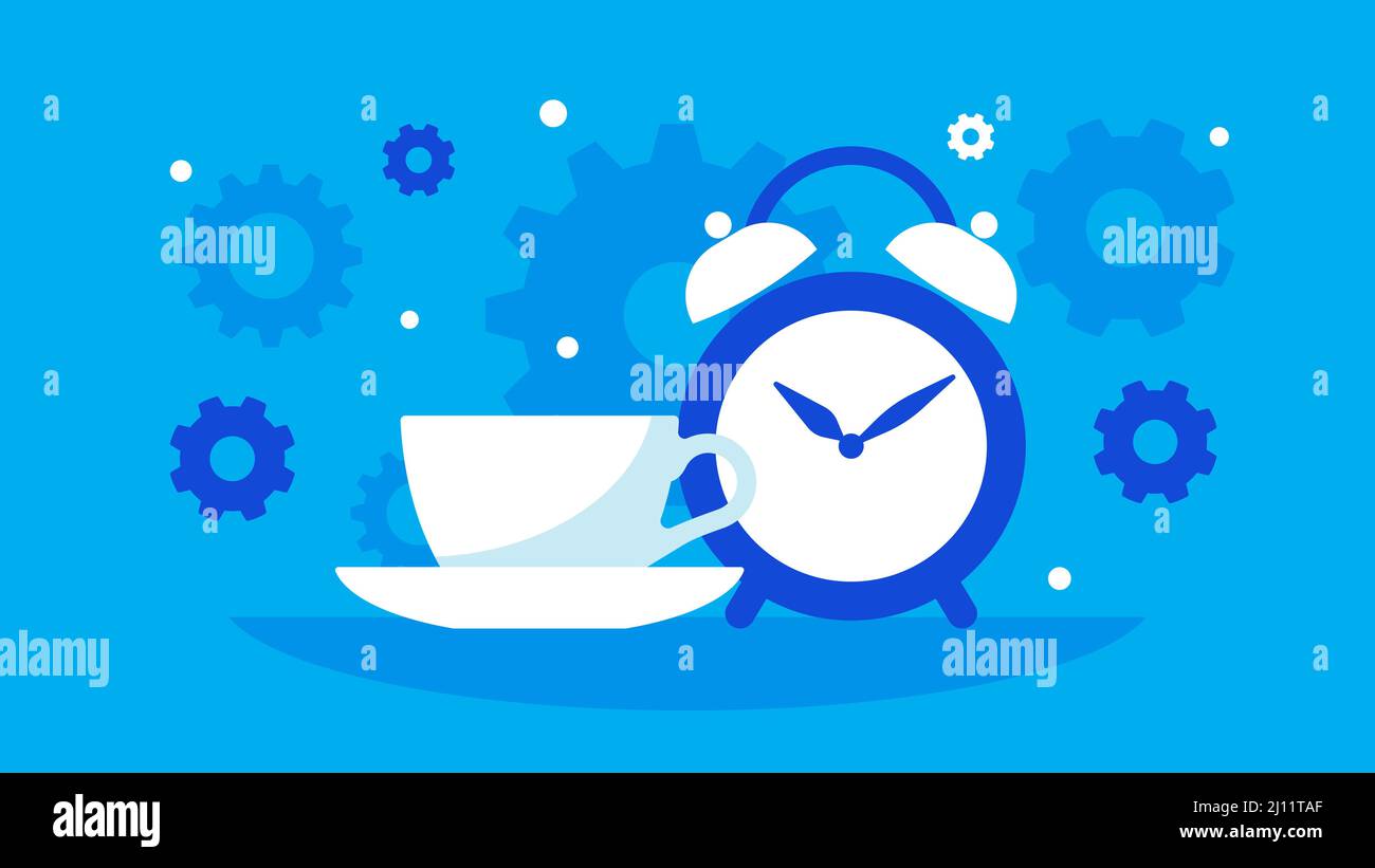 Morning, alarm clock, cup of coffee and gears. The concept of good ...