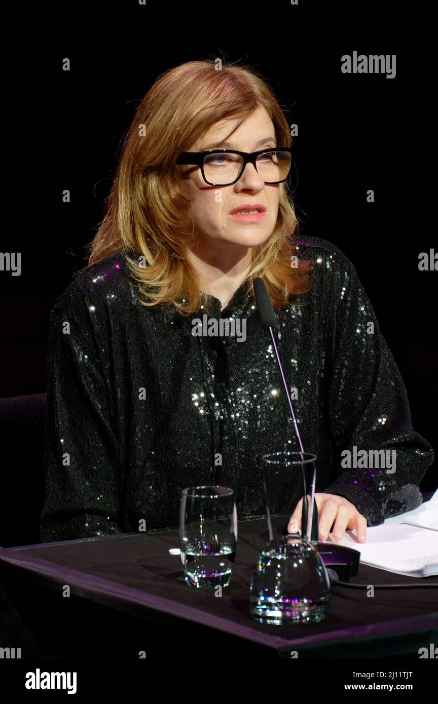 Cologne, Germany. 21st Mar, 2022. Actress Caroline Peters sits on stage ...
