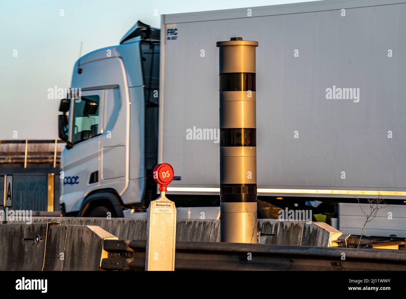Speed camera, radar speed monitoring, on the A40 motorway, on the ...