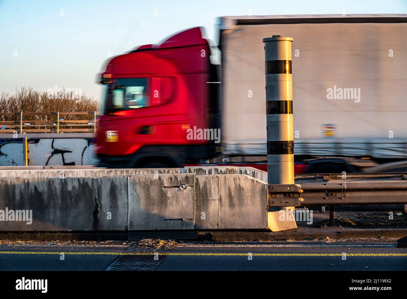 Speed camera, radar speed monitoring, on the A40 motorway, on the ...