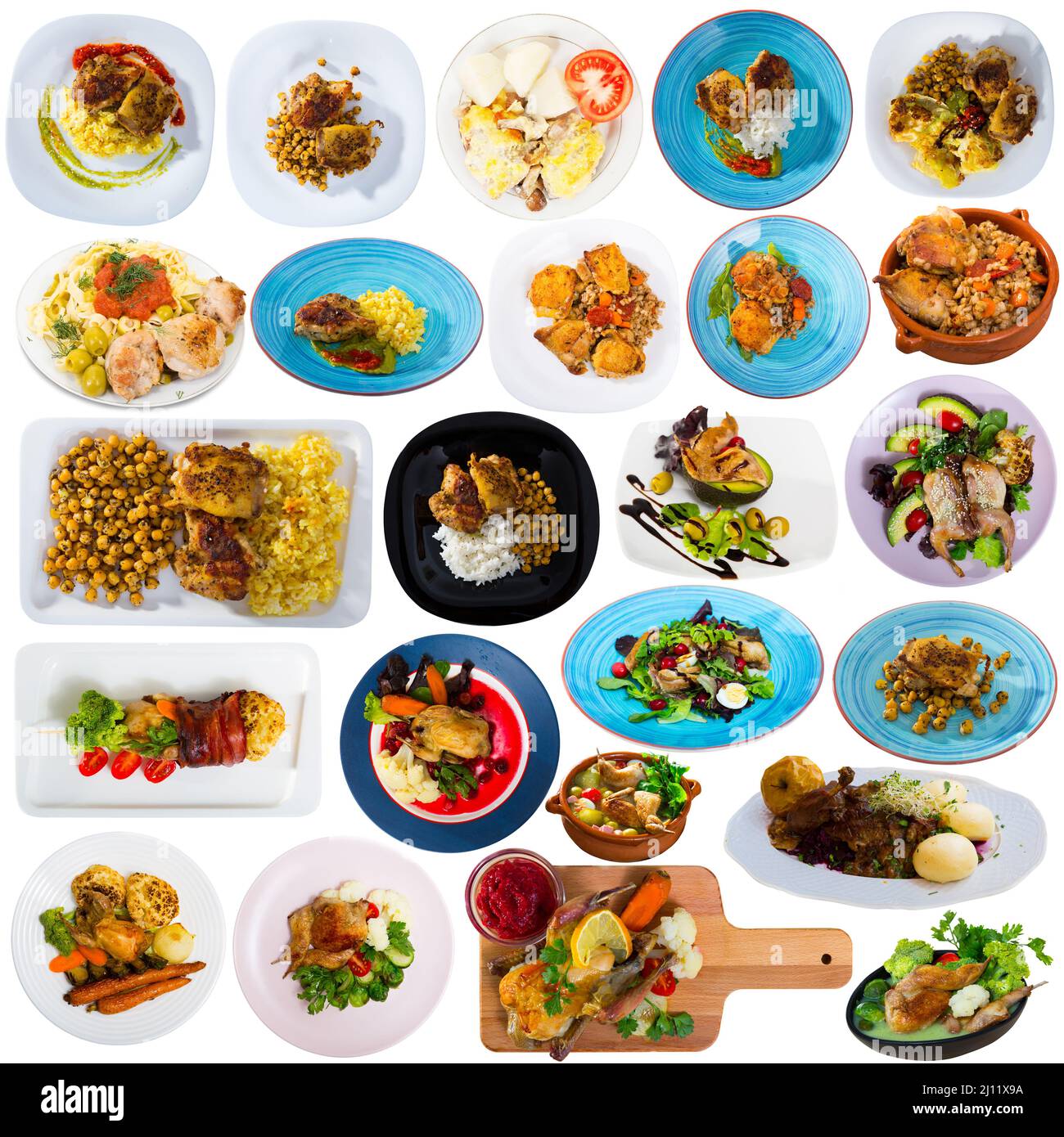 Dishes with cooked fried chicken and baked quail with different ...