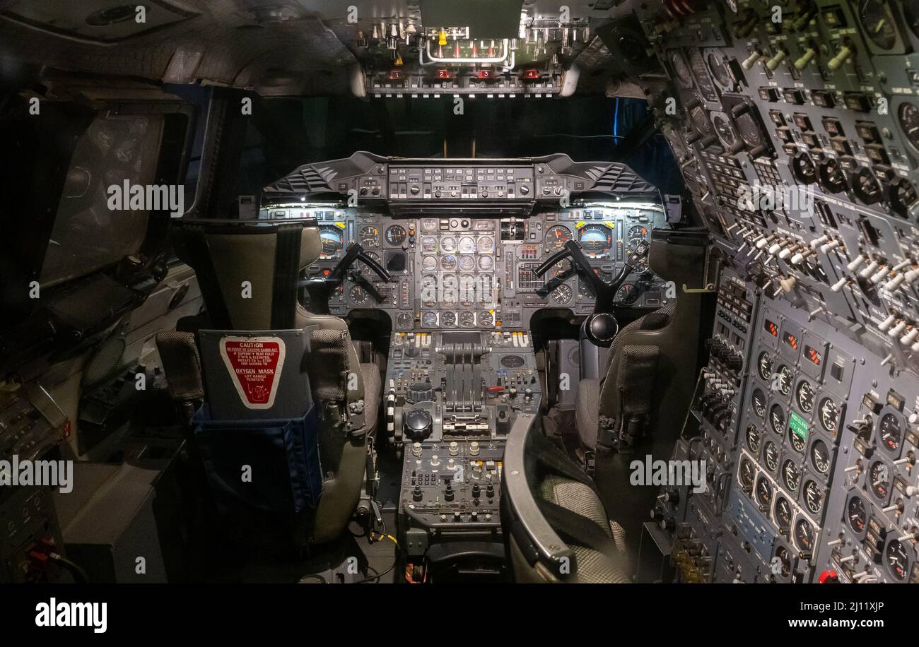 A general view of the cockpit of the Concorde G-BOAF (Alpha Foxtrot) at ...