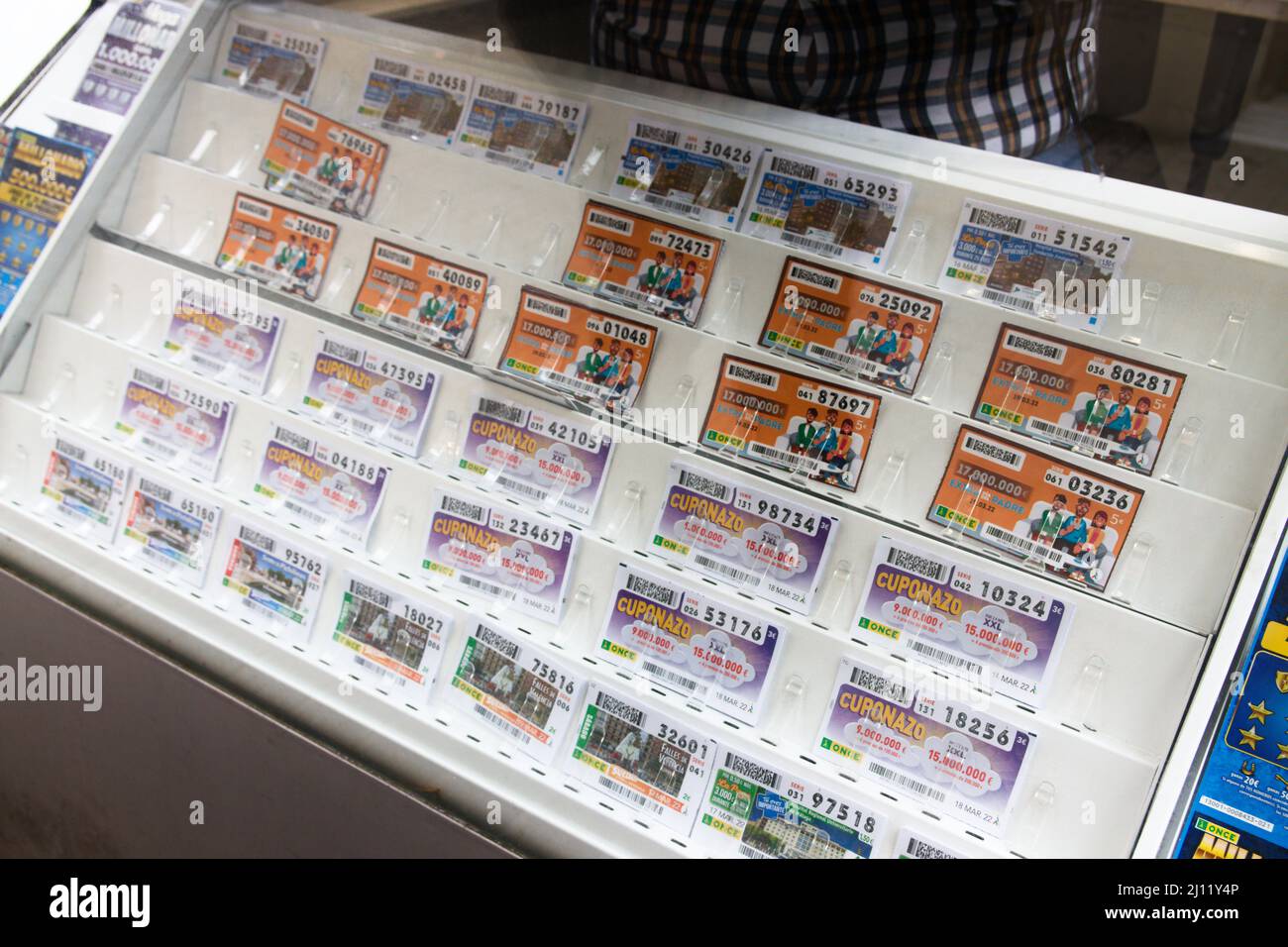 2022. Spain. Image of a stand in which lottery tickets or coupons of ...