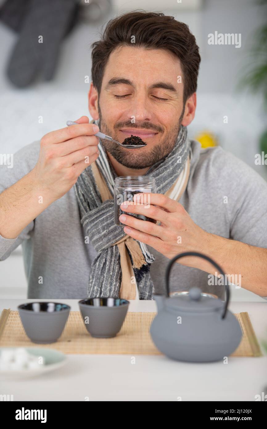 man appreciating the smell of leaf tea Stock Photo - Alamy