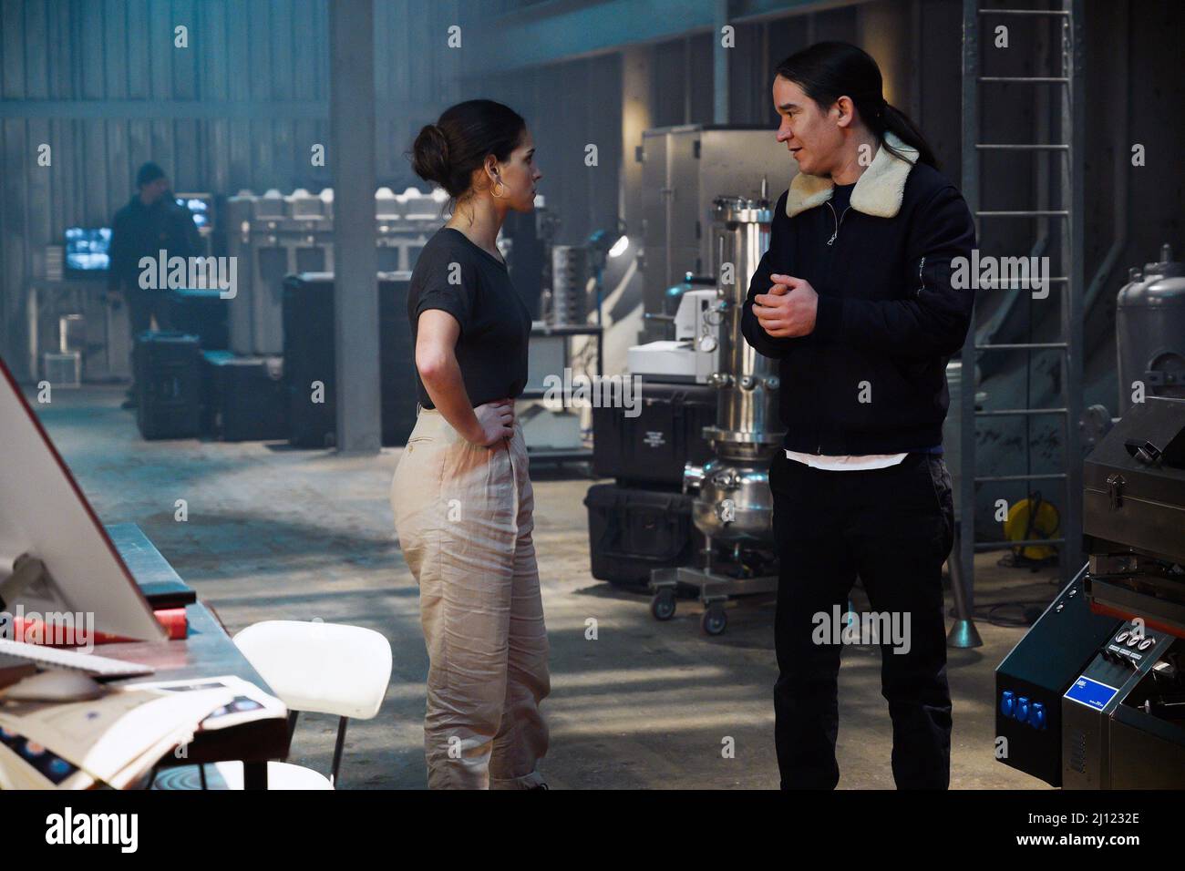 MORBIUS, from left: Adria Arjona, director Daniel Espinosa, on set ...