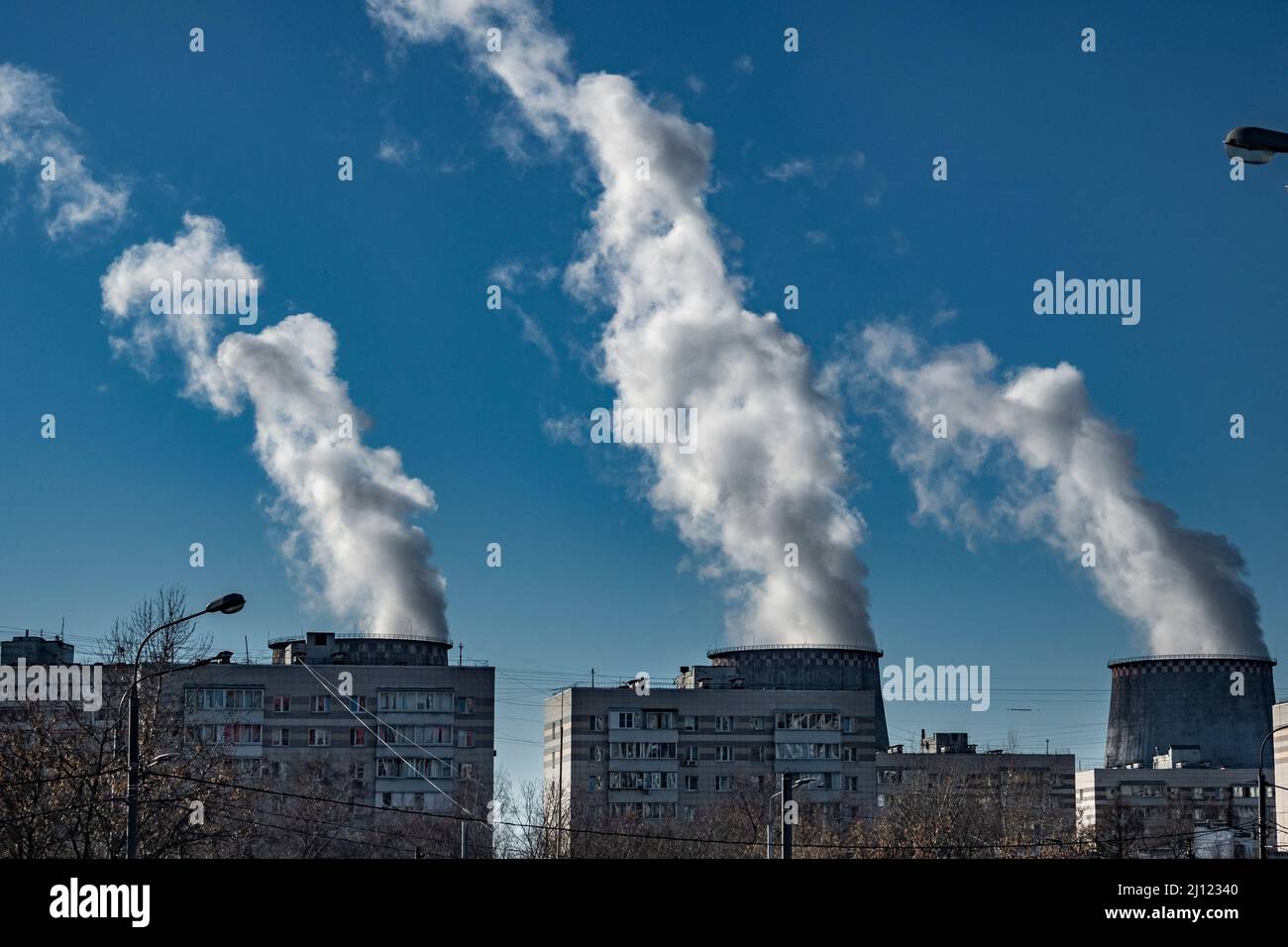 Russia, Moscow. A view of cooling towers at combined heat and power ...