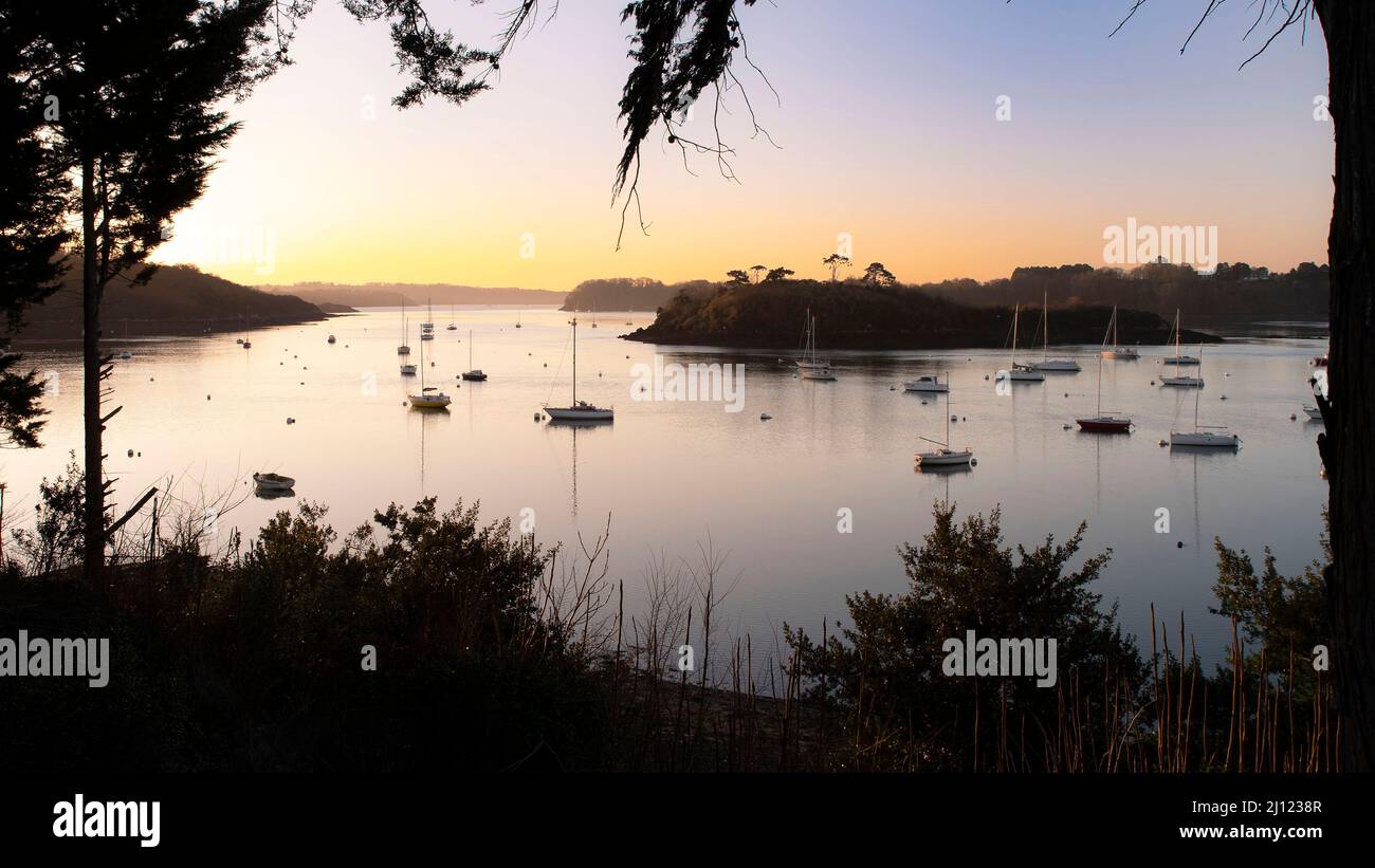 Brittany landscape in a bay with sailboats on the sea with its ...