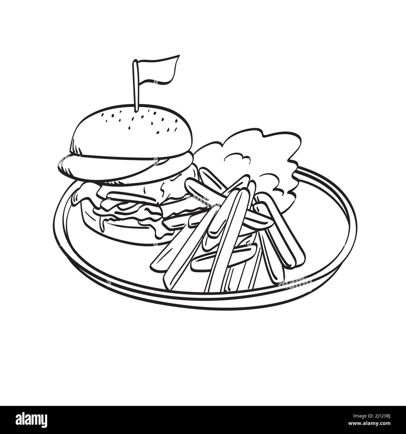hamburger and french fries on wooden tray illustration vector hand ...