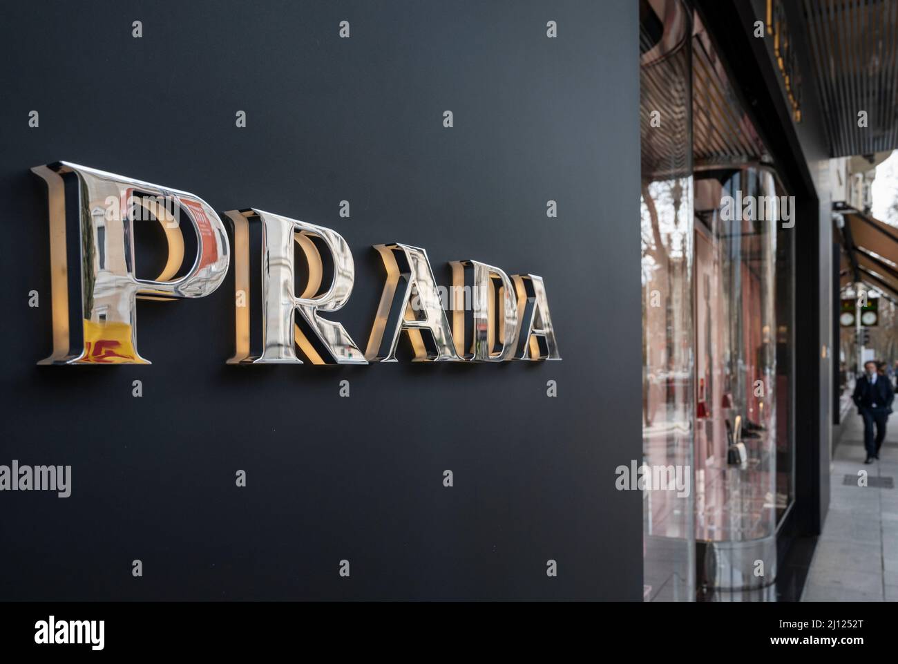 Italian luxury fashion company Prada store and logo seen in Spain Stock ...