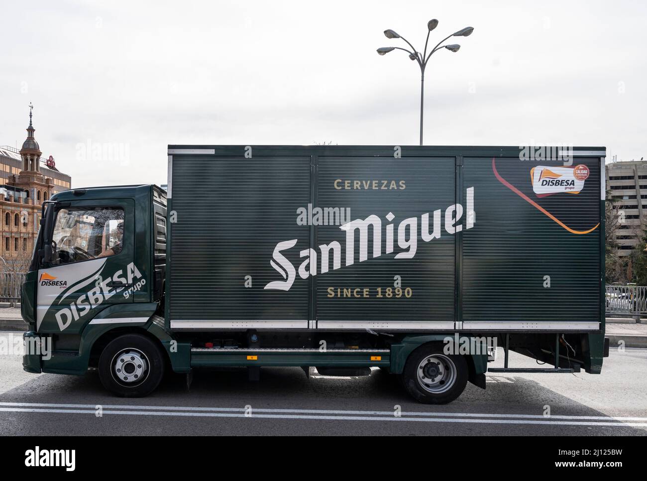 Filipino alcohol beer brand San Miguel delivery truck is seen in Spain ...
