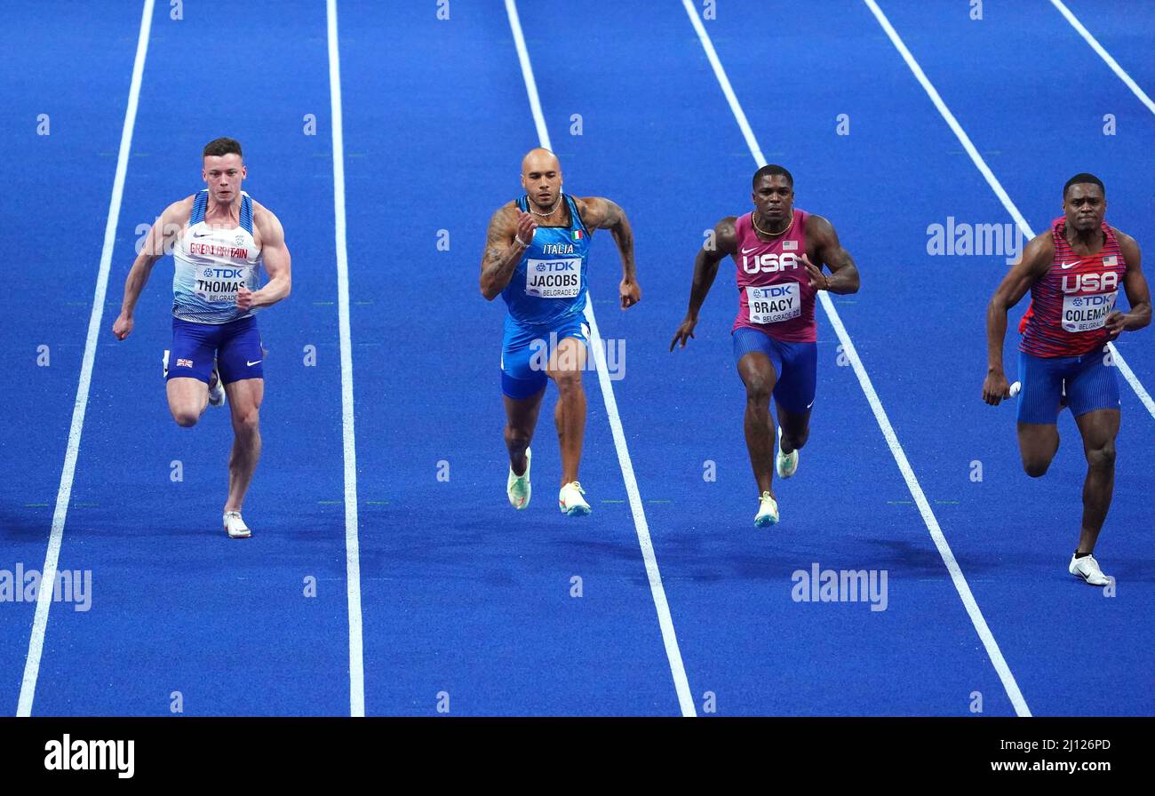 L-R 60m men Adam Thomas (GBR), Lamont Marcell JACOBS (ITA), Marvin ...