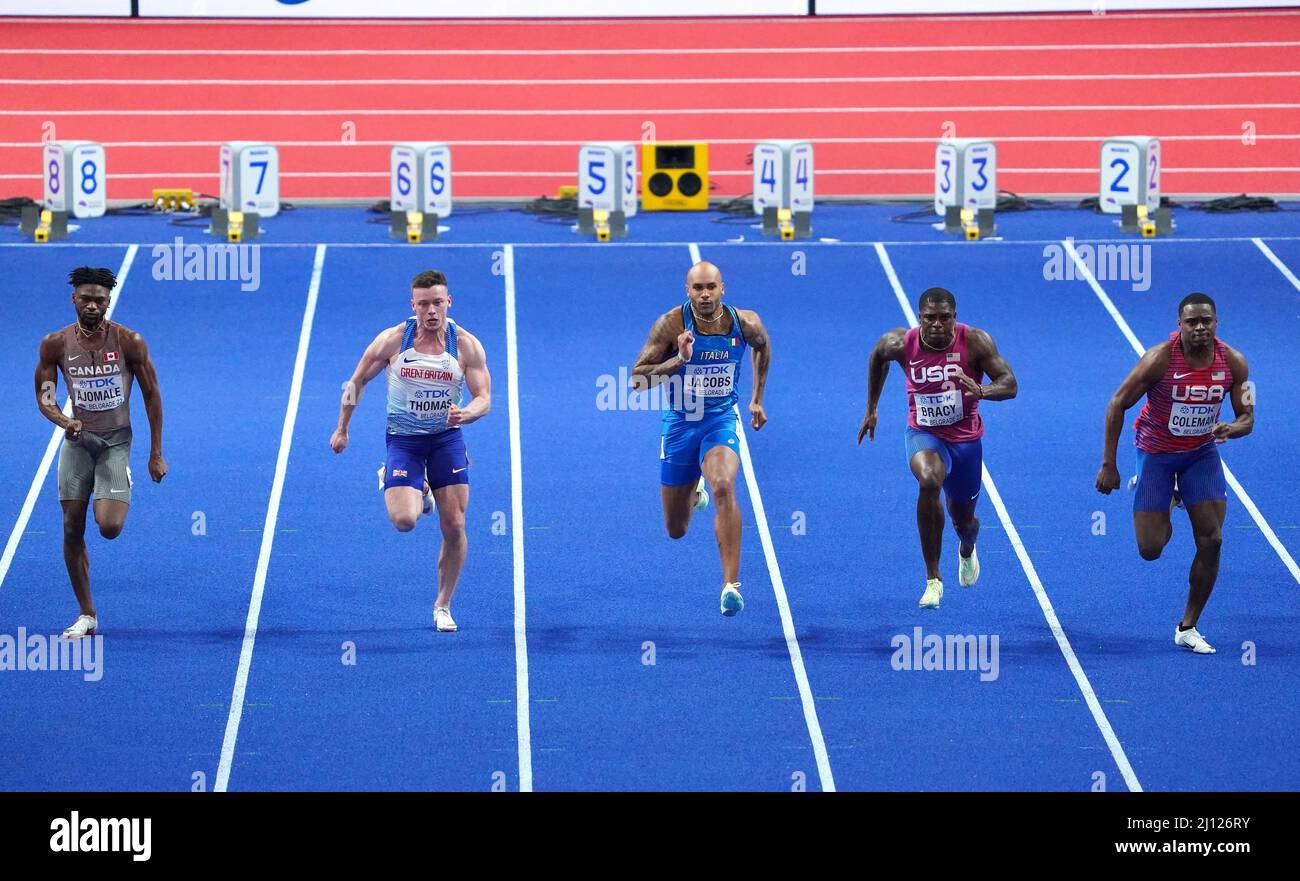 L-R 60m men final Bolade Ajomale (CAN), Adam Thomas (GBR), Lamont ...