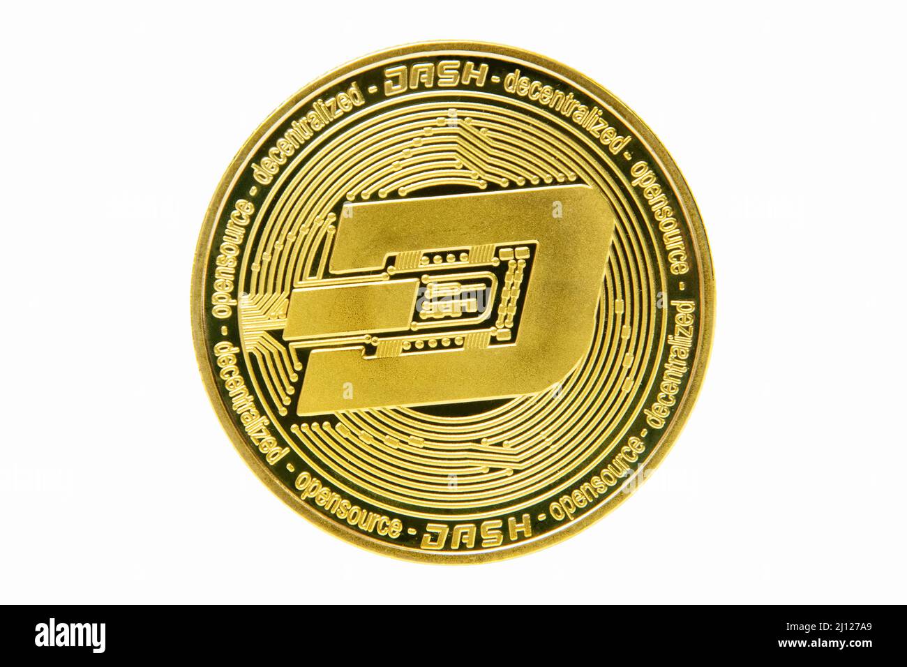 Isolated with clipping path, the golden DASH Coin symbol close up. DASH ...
