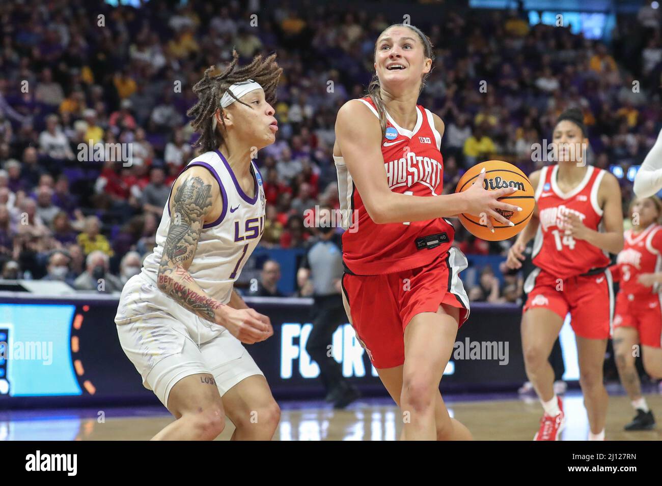 March 21, 2022: Ohio St. Jacy Sheldon (4) drives to the basket past LSU ...