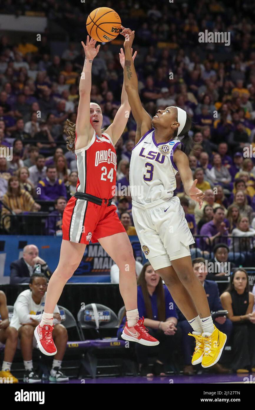 March 21, 2022: LSU's Khayla Pointer (3) blocks the shot of Ohio St ...