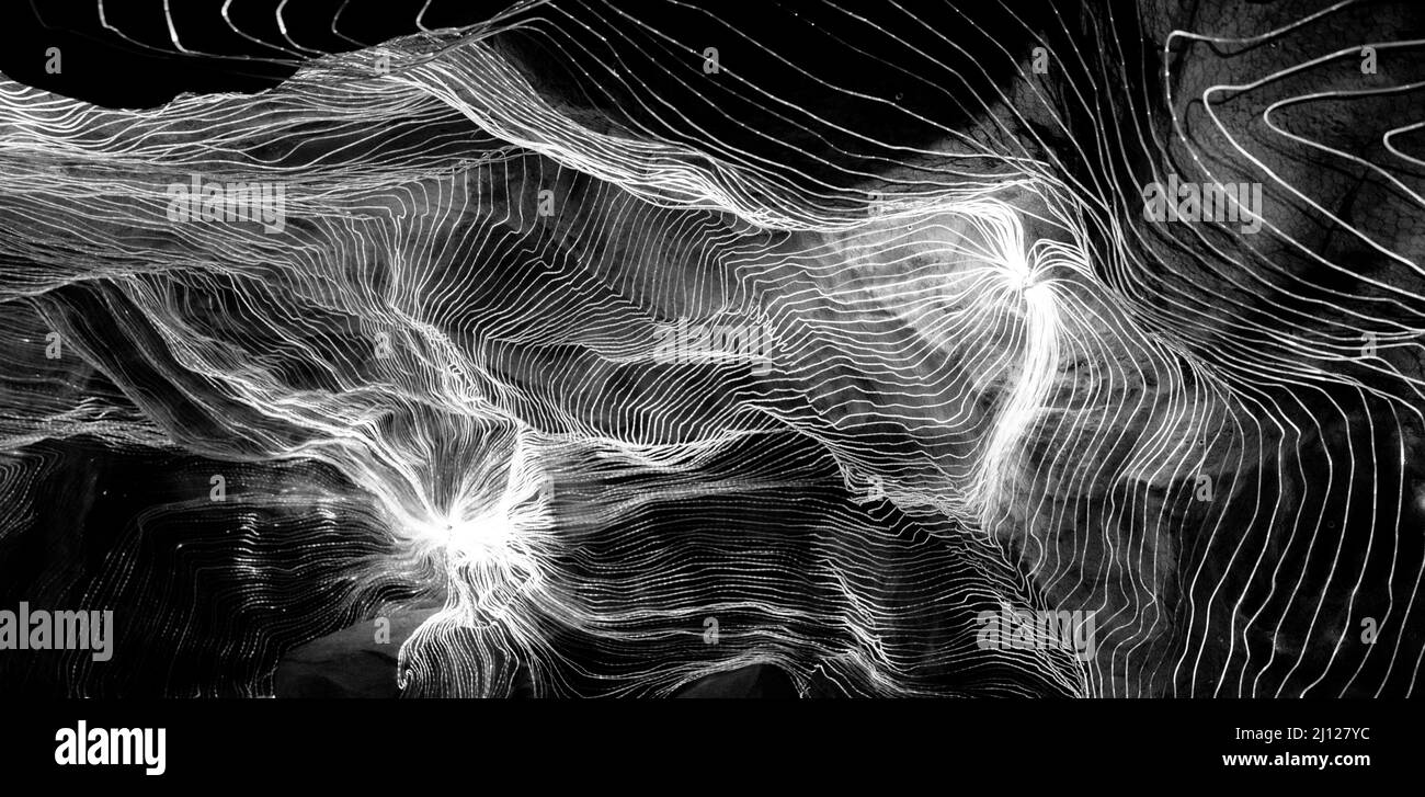 Abstract wave of digital weave lines connecting network dots and dark ...