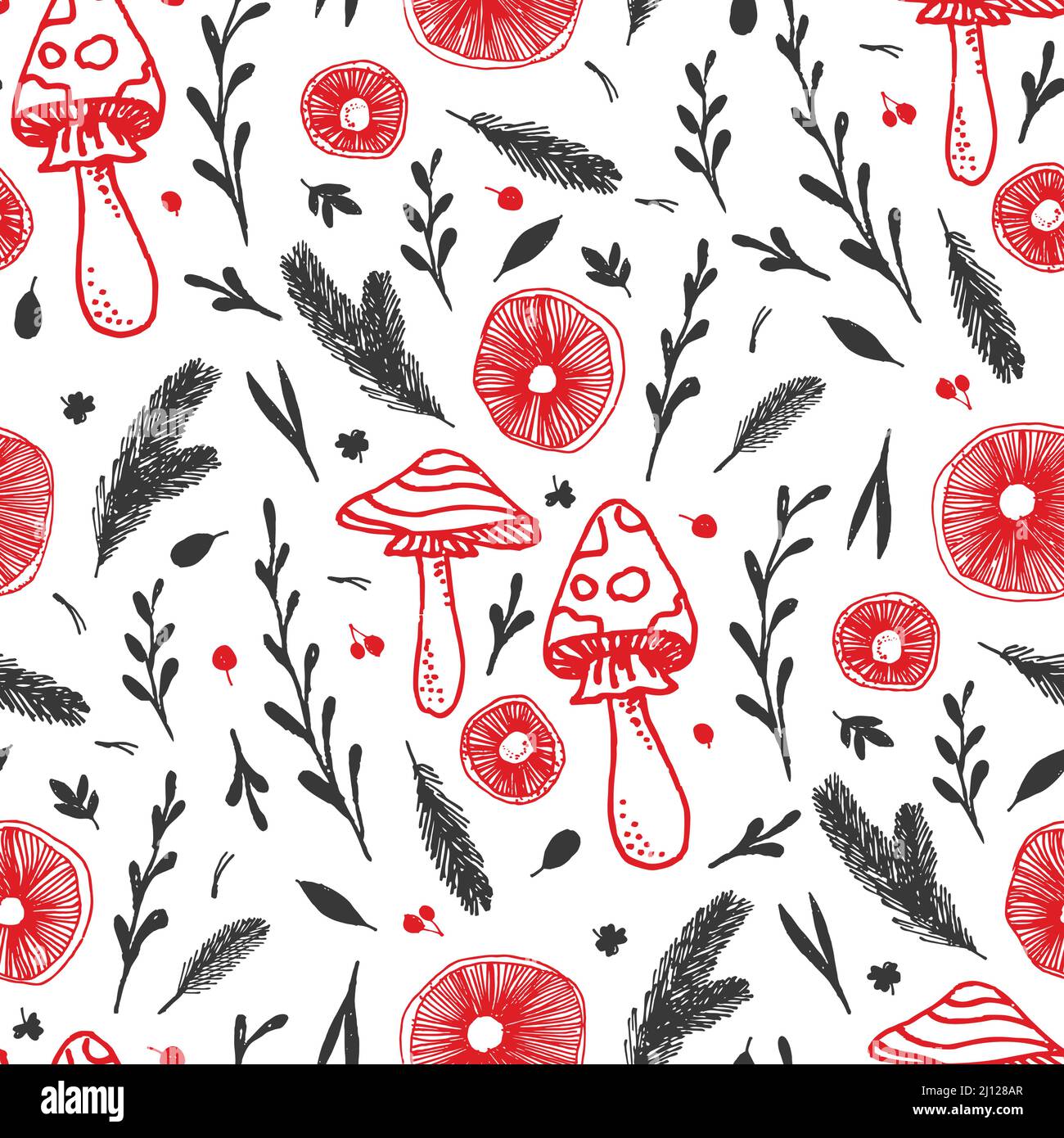 Mushroom caps, berries, fir branches, fir needles leaves for printing ...