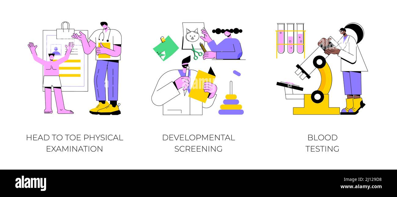 Pediatric check up abstract concept vector illustration set. Head to ...