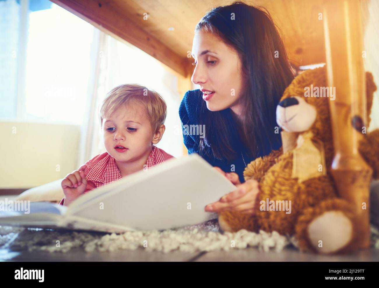 Fuelling his imagination with new tales. Shot of a mother reading a book with her little son at ...