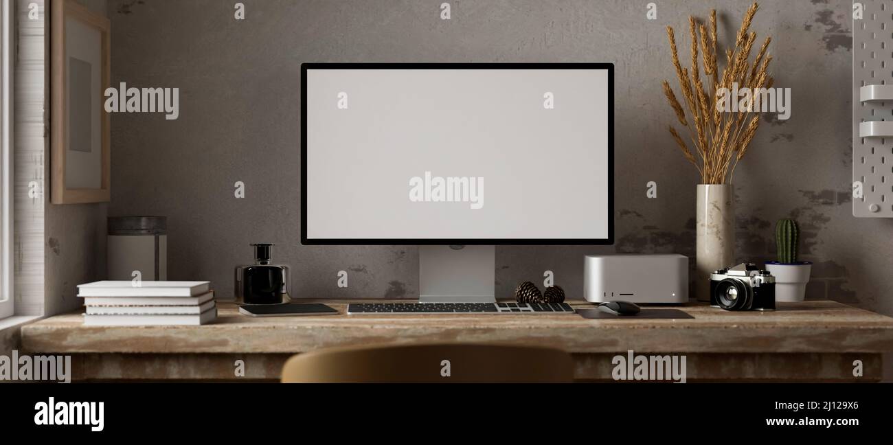 Rustic workspace studio with computer desktop mockup, camera, modern gadget and accessories on ...