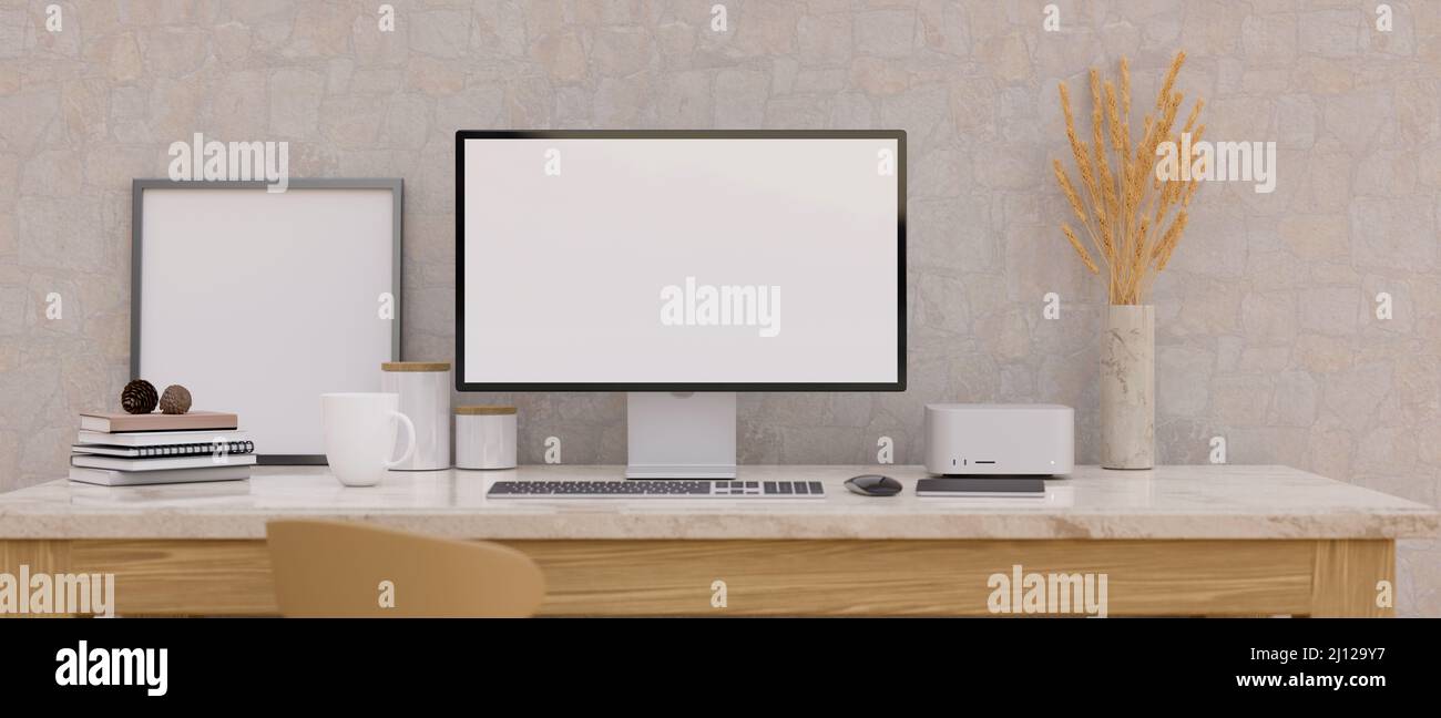 Modern loft workspace with PC computer white desktop screen, frame ...