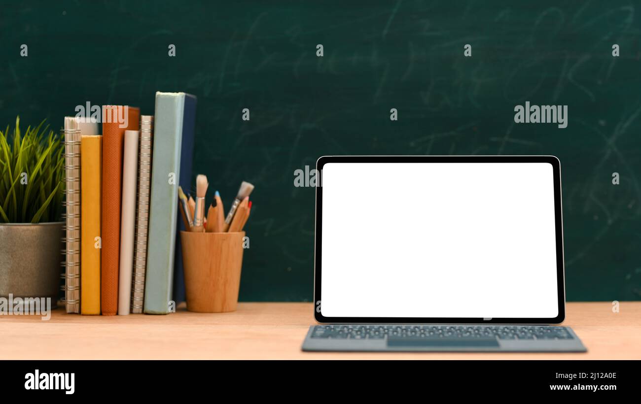 Education space concept, Laptop computer white screen mockup for ...