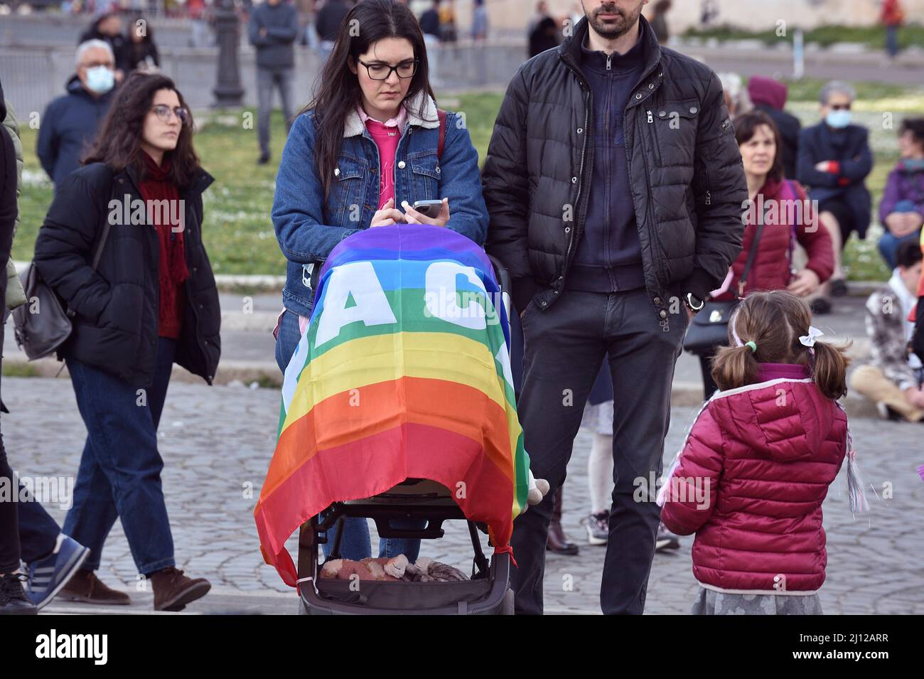 People wearing signs attend a demonstration hi-res stock photography ...