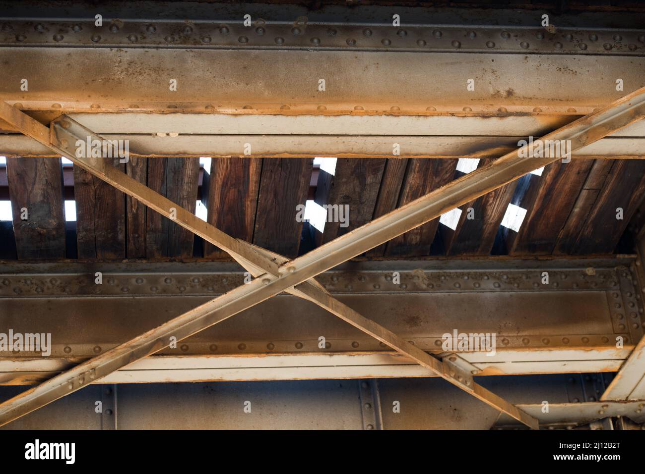iron beams rivets and old railroad timber bridge Stock Photo - Alamy