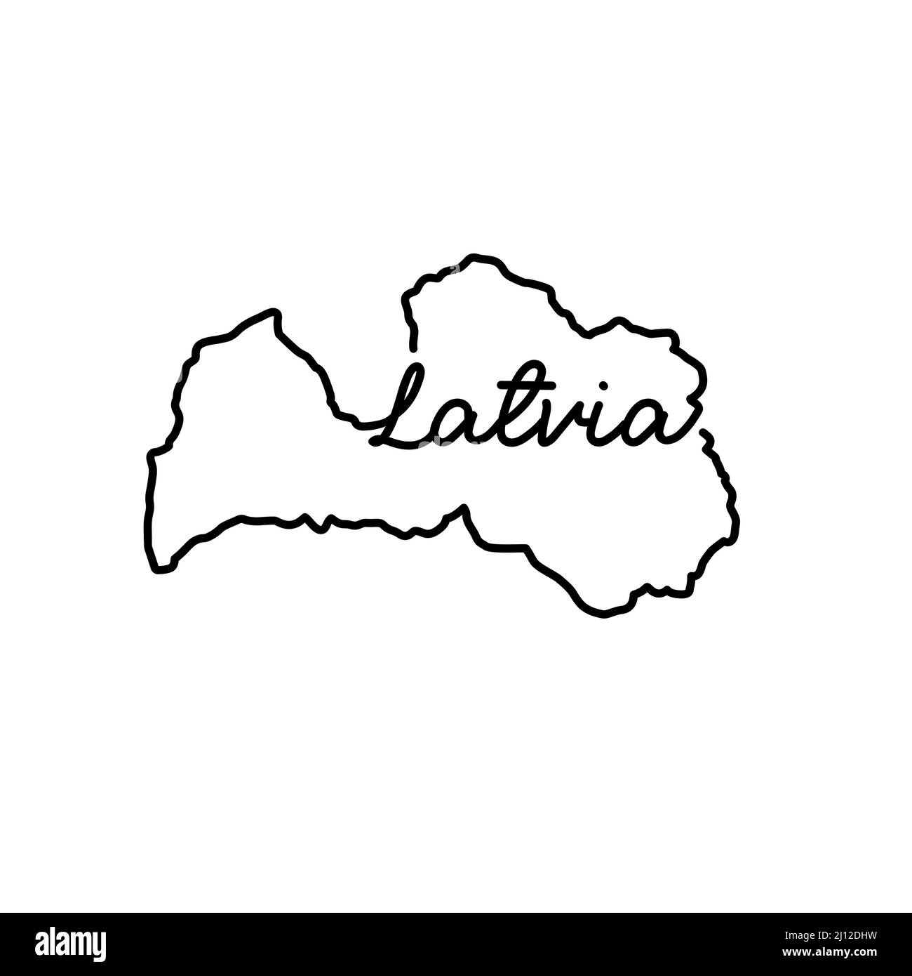 Latvia outline map with the handwritten country name. Continuous line ...