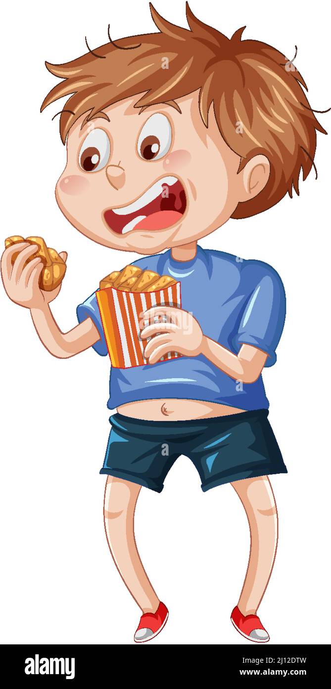 A boy eating fast food on a white background illustration Stock Vector ...
