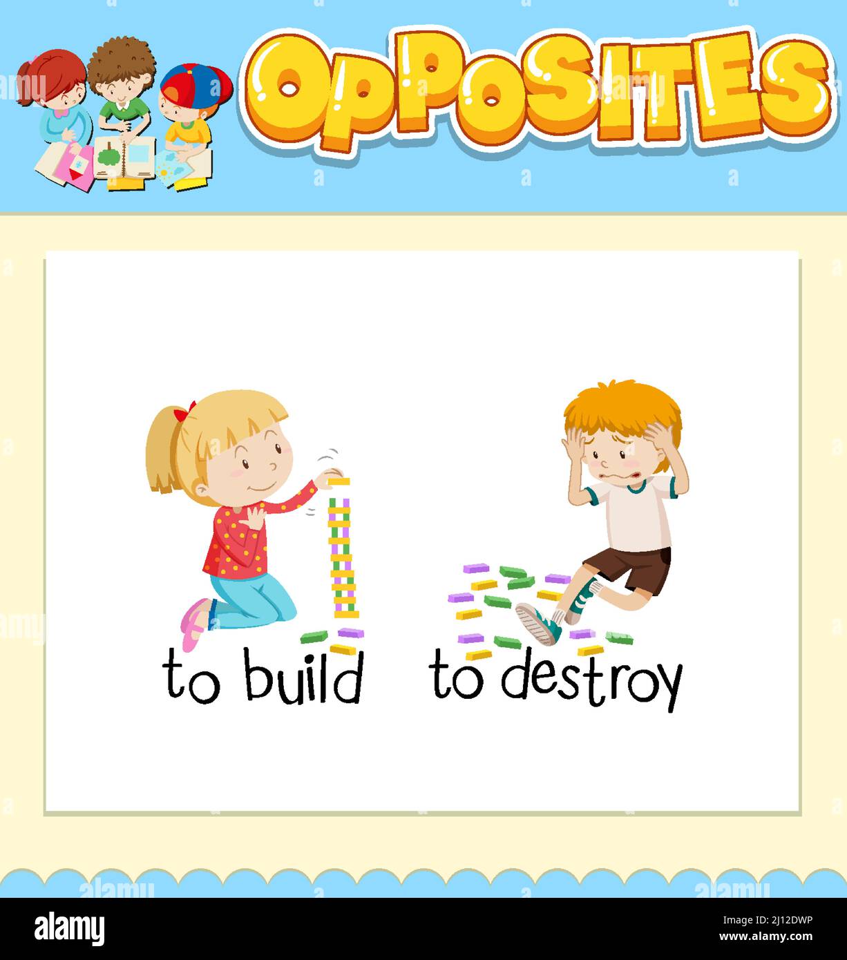 Opposite words for to build and to destroy illustration Stock Vector ...