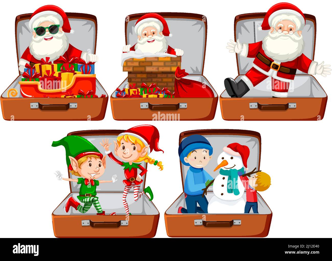Christmas theme with Santa in a luggage on white background ...