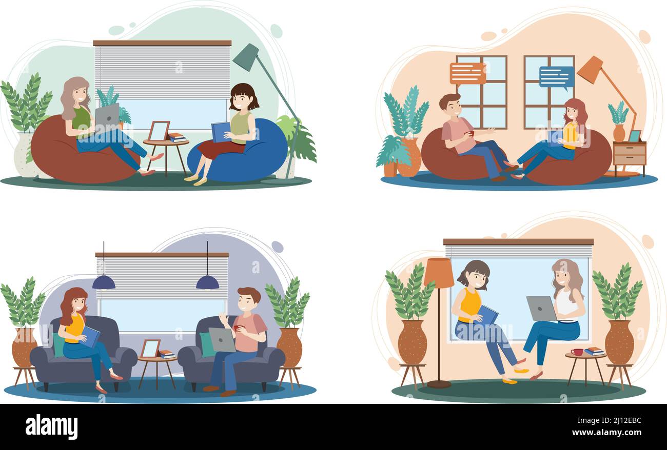 Four scenes of people working at home illustration Stock Vector Image ...