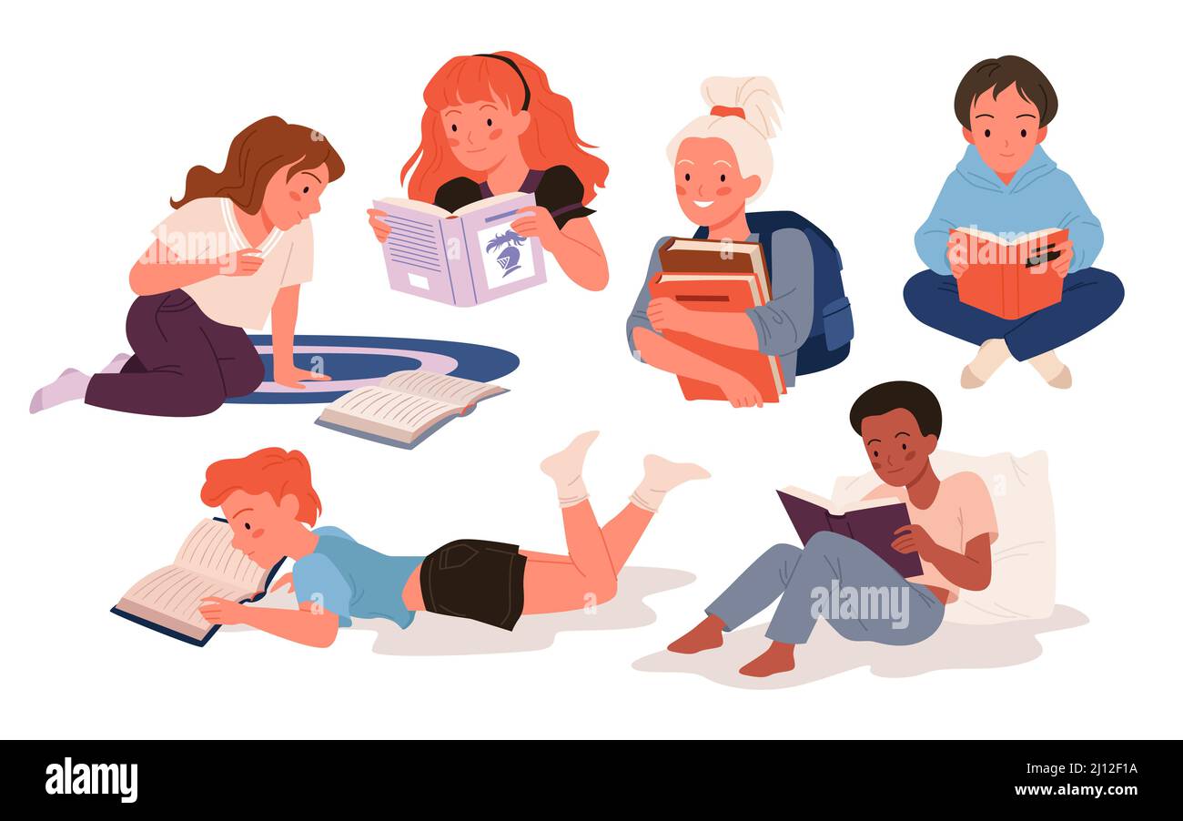 Cartoon girl boy character study, school child reading open paper story ...