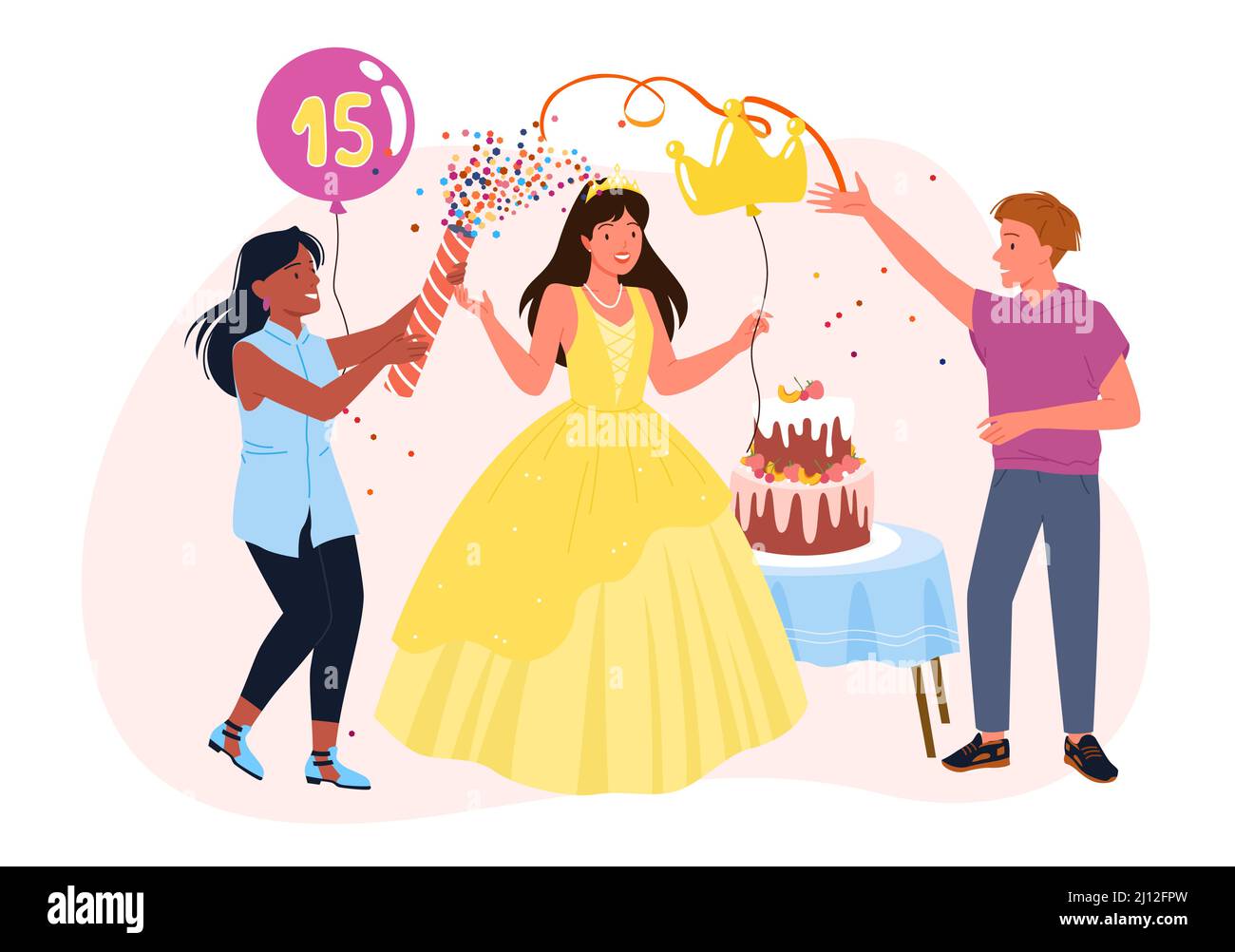 Cartoon beautiful girl in pink dress and friends celebrate with cake ...