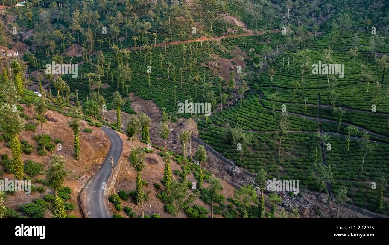 Aerial view of a road on a hilly terrain Stock Photo - Alamy