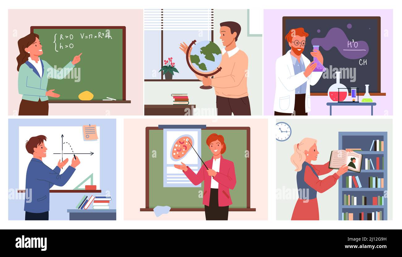 Cartoon female and male teacher or professor teaching math, chemistry ...